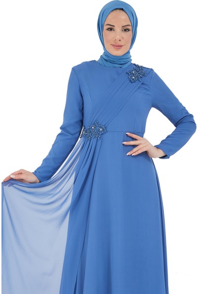 Moda Echer Güpür ve Dantel Detaylı Şifon Astarlı Tesettür Abiye Elbise 7622