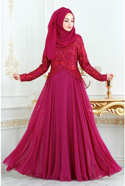 Neva Style Tesettürlü Abiye Elbise - Üzeri Payetli Fuşya Tesettür Abiye Elbise 7603F