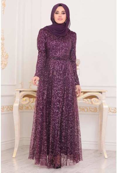 Neva Style Tesettürlü Abiye Elbise - Desenli Pul Payetli Mürdüm Tesettür Abiye Elbise 86650MU