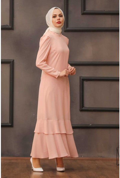 Neva Style Tesettürlü Abiye Elbise - Kolyeli Pudra Tesettür Abiye Elbise 3763PD