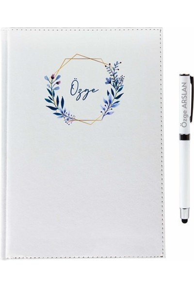 Hediye Rengi 2022 İsme Özel Büyük Boy Çiçek Çerçeveli Ajanda + Kalem Seti