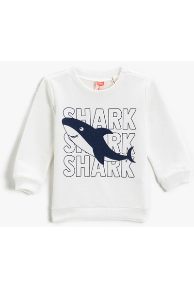 Koton Köpek Balığı Baskılı Sweatshirt Bisiklet Yaka Pamuklu
