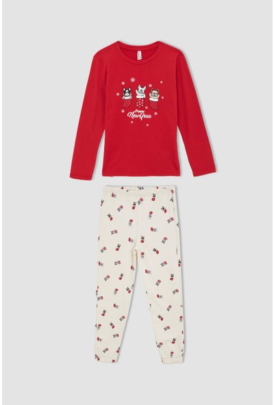 DeFacto Kız Çocuk Bisiklet Yaka Yılbaşı Temalı Baskılı Pamuklu Uzun Kollu Pijama Takım V8453A621WN