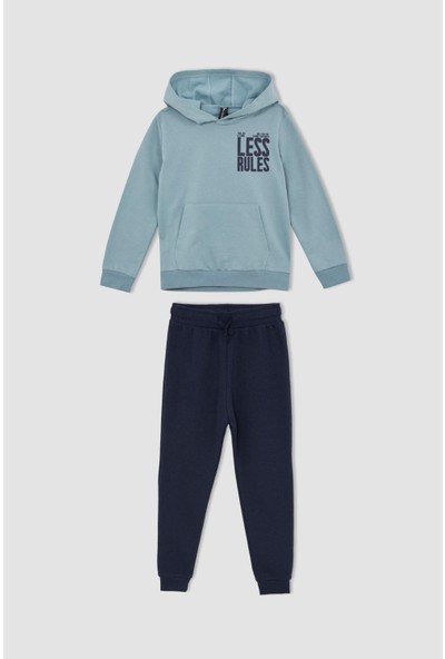 DeFacto Defacto Fit Erkek Çocuk Slogan Baskılı Kapüşonlu Kanguru Cepli İçi Yumuşak Tüylü 2'li Takımı V5568A621CW