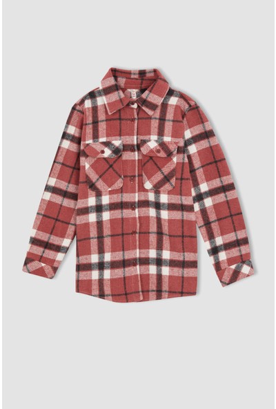 DeFacto Kız Çocuk Oversize Fit Yılbaşı Temalı Uzun Kollu Flanel Oduncu Gömlek T6962A621AU