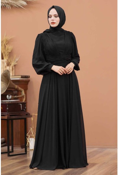 Neva Style Tesettür Abiye Elbise - Şifon Siyah Tesettür Abiye Elbise 32760S