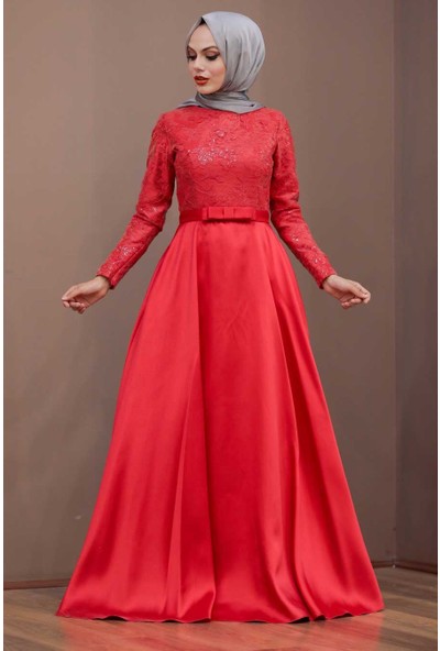 Tuay - Mikado Saten Kırmızı Tesettür Abiye Elbise 2372K Tuay - Mikado Saten Kırmızı Tesettür Abiye Elbise 2372K