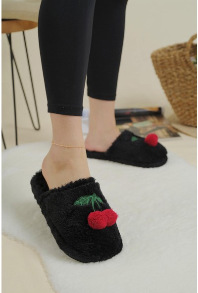 Oksit Ruth Kiraz Püsküllü Pelüş Kadın Ev Terliği