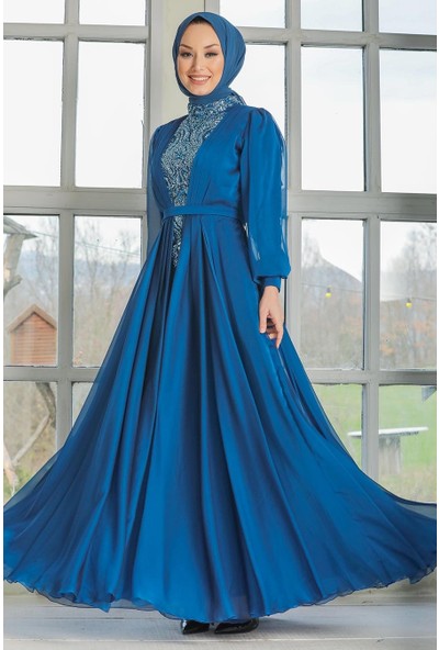 Neva Style Tesettürlü Abiye Elbise -Pul Payet Detaylı Indigo Mavisi Tesettür Abiye Elbise 3315IM