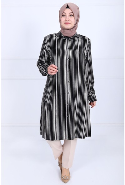 Siyah Çizgi Desenli Düğmeli Büyük Beden Gömlek Tunik- 16450