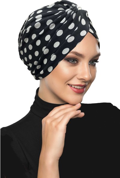 Fidan Bone Fidan Desenli Çapraz Penye Siyah Benekli Hazır Türban Tesettür Havuz Bonesi