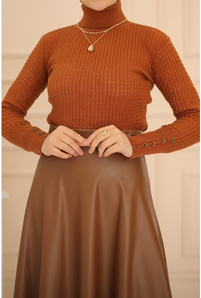 İmaj Butik Kolları Düğme Detaylı Boğazlı Triko Kazak/kiremit