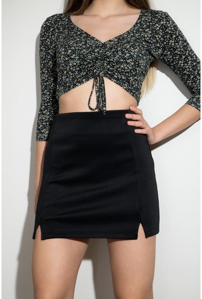 Soyo Kadın Siyah Çift Yırtmaçlı Scuba Mini Etek