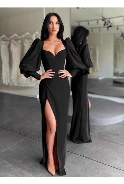 Bomestida Kadın Siyah Balon Kol Kalp Yaka Yırtmaçlı Uzun Abiye Elbise Bomestida Kadın Siyah Balon Kol Kalp Yaka Yırtmaçlı Uzun Abiye Elbise