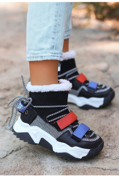 Fupe Shop Asu Siyah Gri Cırtlı Lüks Deri Yüksek Taban Spor Kadın Bot