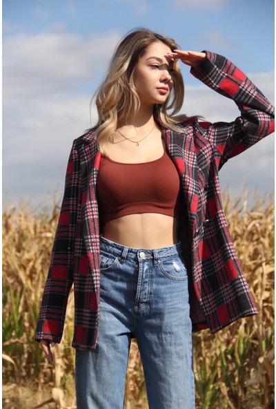 Zeus Kadın Ekose Desen 5 Düğmeli Ceket