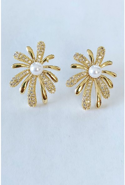 Yoro Gümüş Gold Incili Beyaz Zirkon Taşlı Küpe