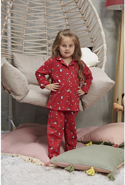 Pikidor Kırmızı Önden Düğmeli Kız Çocuk Pijama Takımı