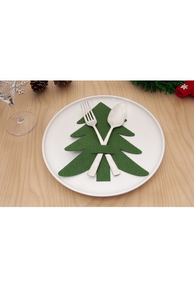 Ng Dizayn Yılbaşı Çam Ağacı Kaşıklık & Peçetelik Servis 6'lı (Yeşil Keçe)