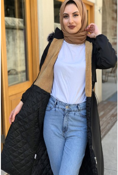 Akra Armalı Fermuarlı Kürklü Kaban Siyah 12136