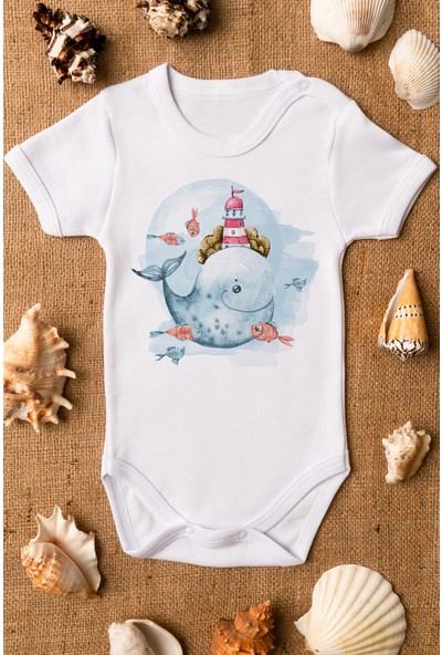 Overoz Beyaz Bebek Balina Baskılı Çıtçıtlı Body 5004