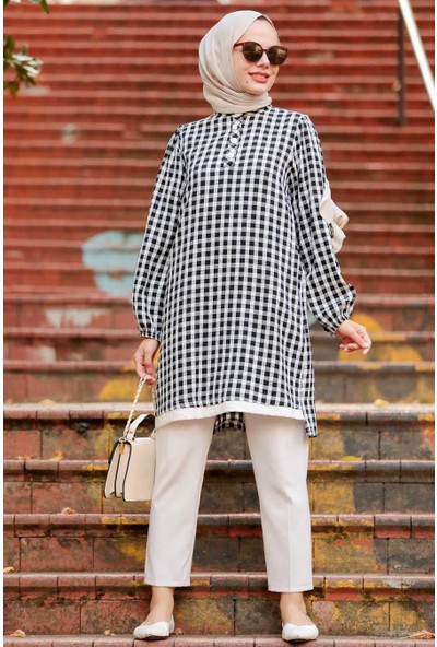 Neva Style - Kareli Siyah Tesettür Tunik 2431S