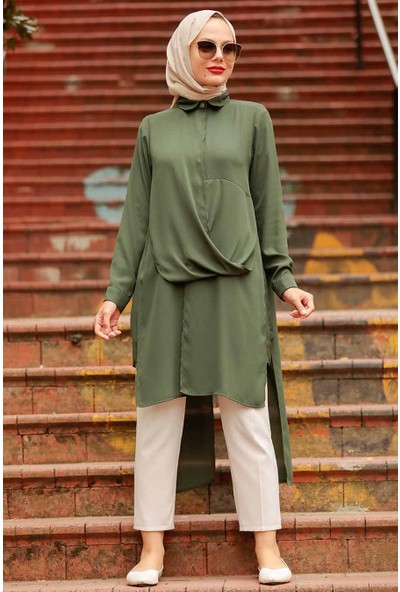 Neva Style - Arkası Uzun Haki Tesettür Tunik 24320HK