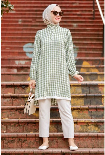 Neva Style - Kareli Haki Tesettür Tunik 2431HK