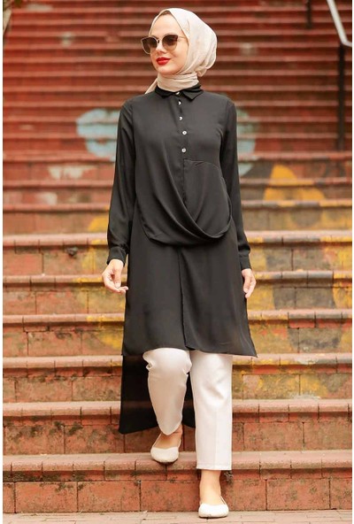 Neva Style - Arkası Uzun Siyah Tesettür Tunik 24320S
