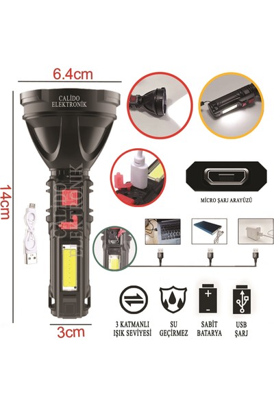 Calido Elektronik Micro USB Şarj Edilebilir Bataryalı LED El Feneri Su Geçirmez Fener Kamp Lambası GS-830 Işıldak Calido Elektronik Micro USB Şarj Edilebilir Bataryalı LED El Feneri Su Geçirmez Fener Kamp Lambası GS-830 Işıldak