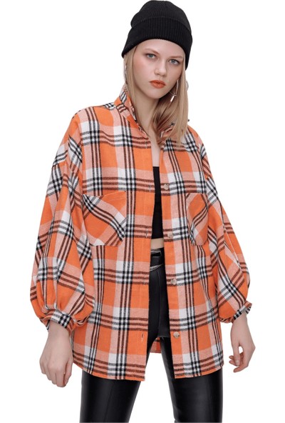 Butikburuc Kadın Orange Balon Kol Ekose Gömlek