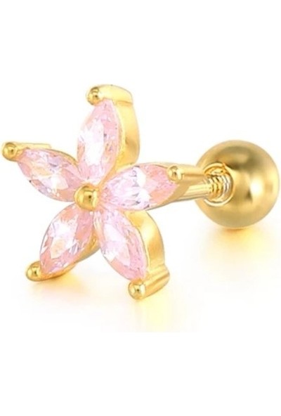 Bylin Gold 925 Ayar Gümüş Pembe Çiçek Piercing/küpe