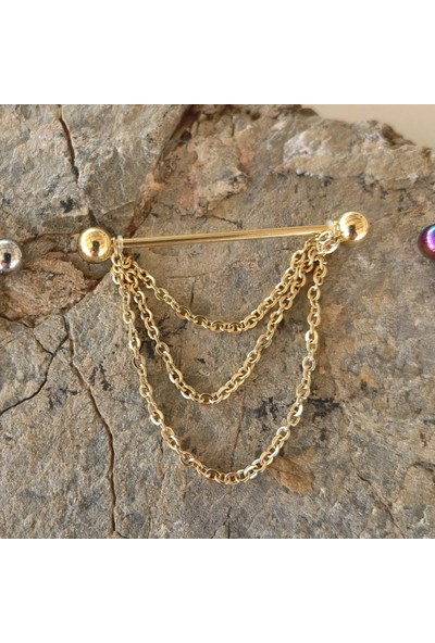 Bylin Cerrahi Çelik Zincirli Gold Köprü Piercing 36 mm