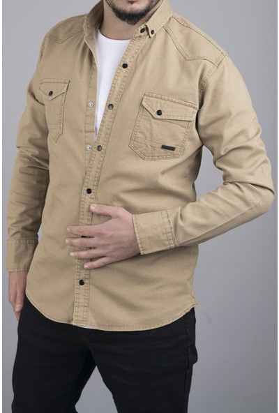 Reynard Dar Kalıp Erkek Kot Gömlek Bej