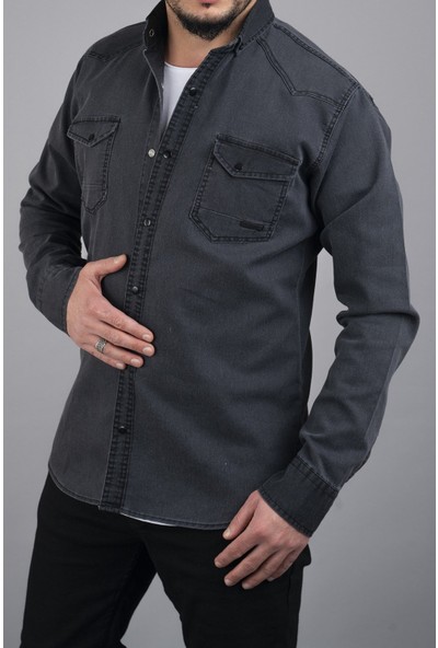 Reynard Dar Kalıp Erkek Kot Gömlek Füme