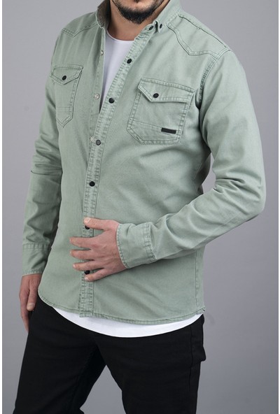 Reynard Dar Kalıp Erkek Kot Gömlek Su Yeşili