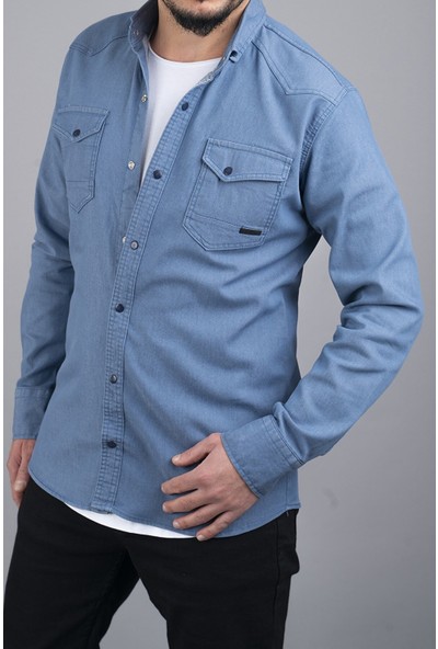 Reynard Dar Kalıp Erkek Kot Gömlek Buz Mavisi 585