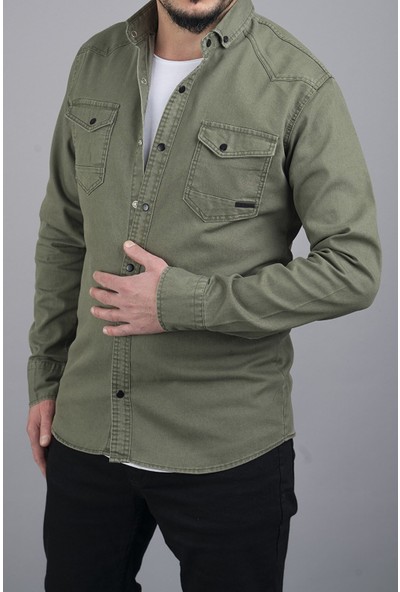 Reynard Dar Kalıp Erkek Kot Gömlek Yeşil 585