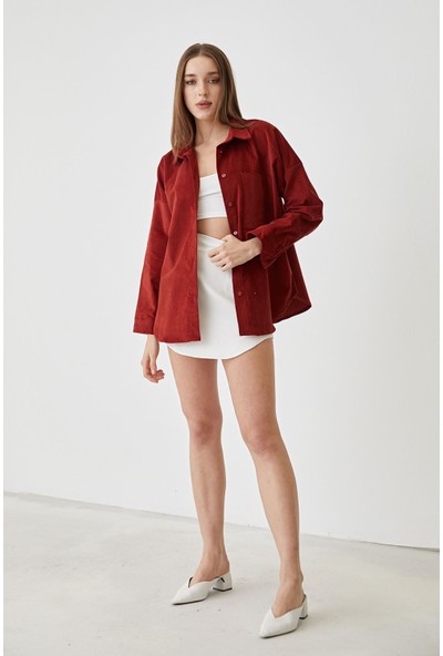 Lime Moda Tek Cep Kadife Gömlek-Kiremit