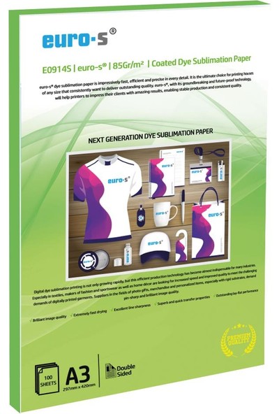 Euro-S 85GR/M² 100 Yaprak A3 Süblimasyon Transfer Baskı Kağıdı