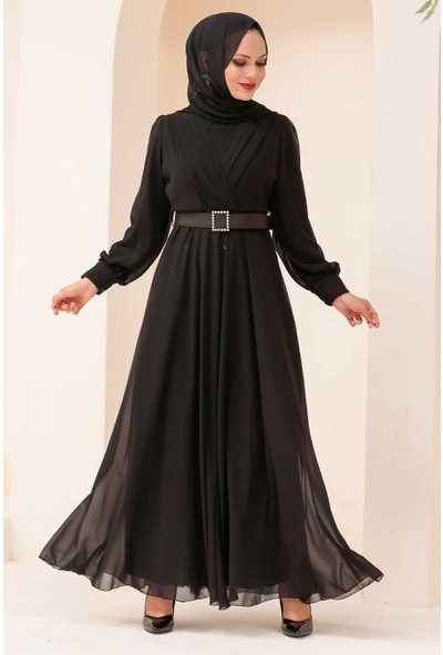 Neva Style Tesettürlü Abiye Elbise - Tokalı Kemerli Siyah Tesettür Abiye Elbise 3060S Neva Style Tesettürlü Abiye Elbise - Tokalı Kemerli Siyah Tesettür Abiye Elbise 3060S
