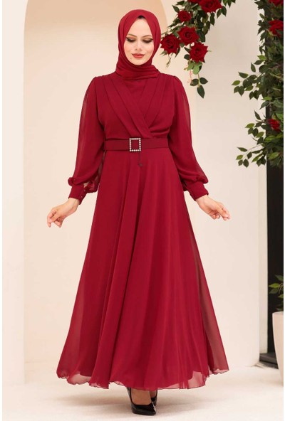 Neva Style Tesettürlü Abiye Elbise - Tokalı Kemerli Bordo Tesettür Abiye Elbise 3060BR Neva Style Tesettürlü Abiye Elbise - Tokalı Kemerli Bordo Tesettür Abiye Elbise 3060BR