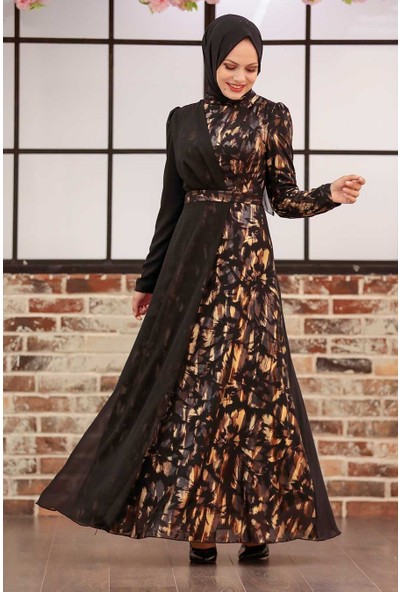 Neva Style Tesettürlü Abiye Elbise - Desenli Gold Tesettür Abiye Elbise 32431GOLD