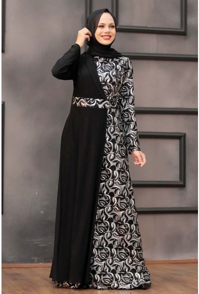 Neva Style Tesettürlü Abiye Elbise - Şifon Detaylı Desenli Gümüş Tesettür Abiye Elbise 3067GMS