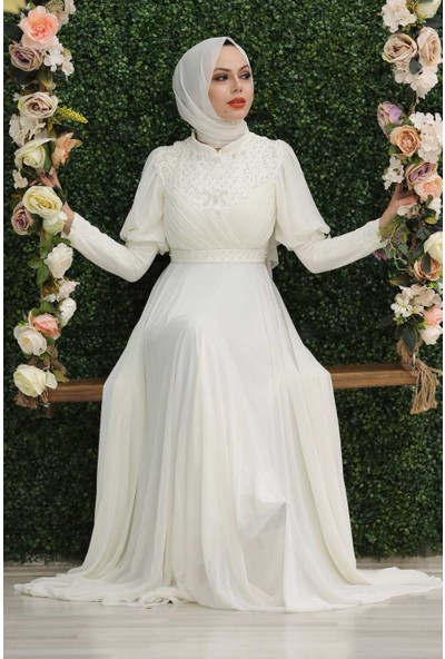 Neva Style Tesettürlü Abiye Elbise - Boncuk Işlemeli Ekru Tesettür Abiye Elbise 1101E