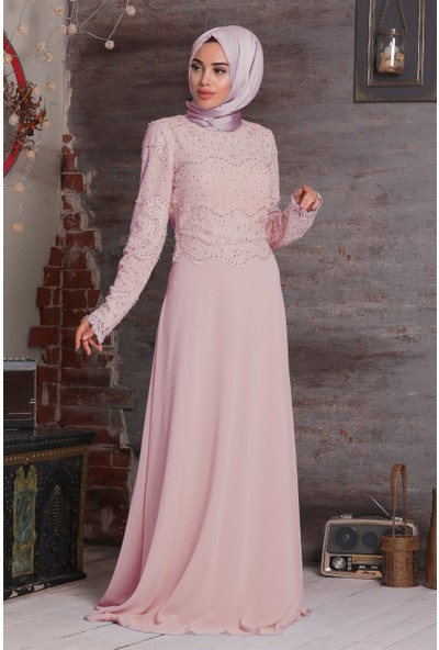 Neva Style Tesettürlü Abiye Elbise - Boncuk Detaylı Dantelli Pudra Tesettür Abiye Elbise 45301PD