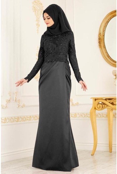 Neva Style Tesettürlü Abiye Elbise - Pul Detaylı Siyah Tesettür Abiye Elbise 4602S