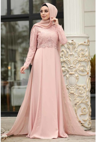 Neva Style Tesettürlü Abiye Elbise - Boncuk Detaylı Somon Tesettür Abiye Elbise 3873SMN