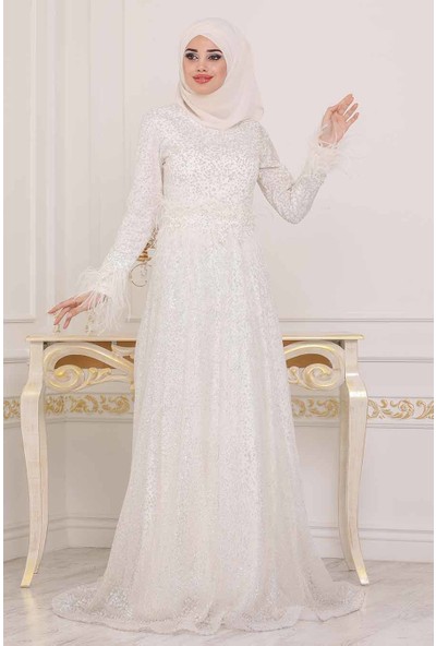 Neva Style Tesettürlü Abiye Elbise - Püsküllü Pul Payetli Ekru Tesettür Abiye Elbise 3935E Neva Style Tesettürlü Abiye Elbise - Püsküllü Pul Payetli Ekru Tesettür Abiye Elbise 3935E