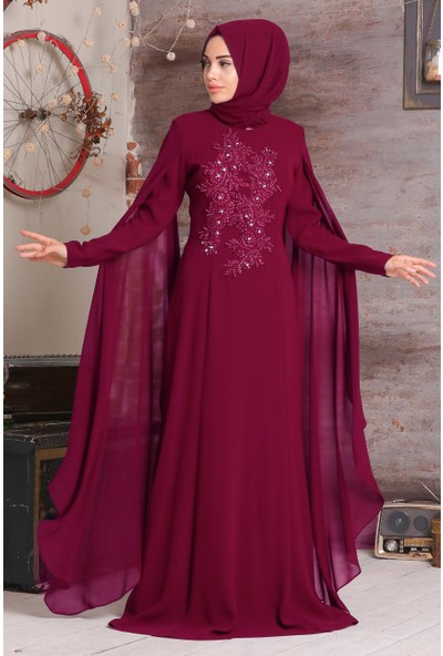 Neva Style Tesettürlü Abiye Elbise - Taşlı Mürdüm Tesettür Abiye Elbise 38380MU